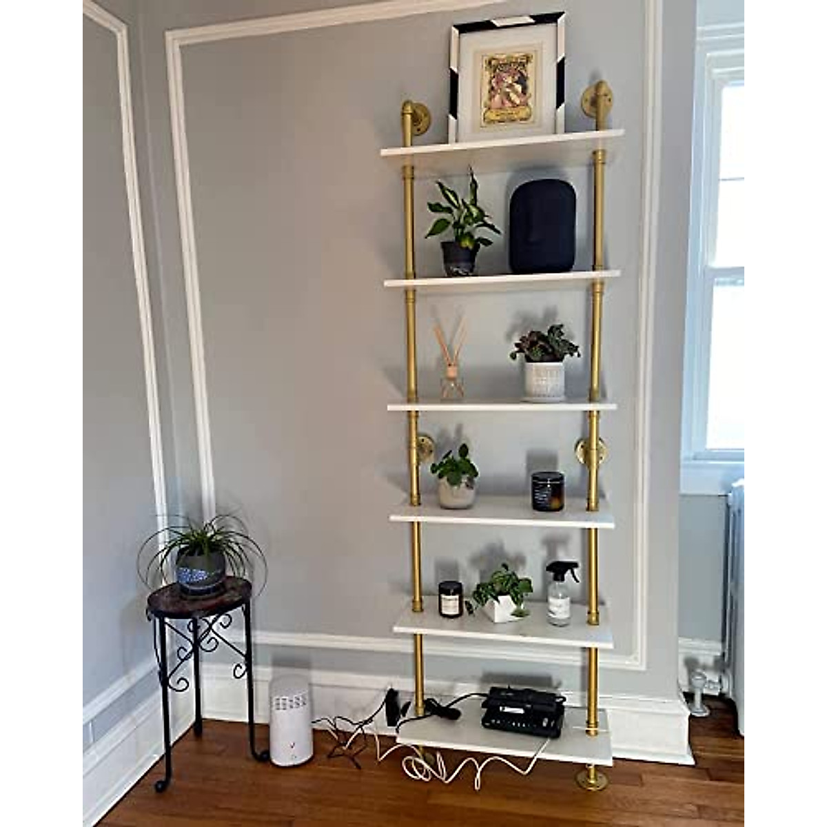 ZIOTHUM 6 Tier Gold Bookshelf, White and Gold Shelves, Modern Shelves Shelf Bookcase Metal Mid Century Open Industrial Wall Mount Accents Decor Retail Shelving Vertical for Living Room