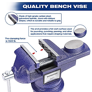 WORKPRO Bench Vise, 2.5 Inch Jaw Width Universal Table Vise, 360°Swivel Base Home Vice Bench Clamp with Magnetic Jaw Pads, Portable Clamp-on Vise Bench for Woodworking, Metalworking, Drilling