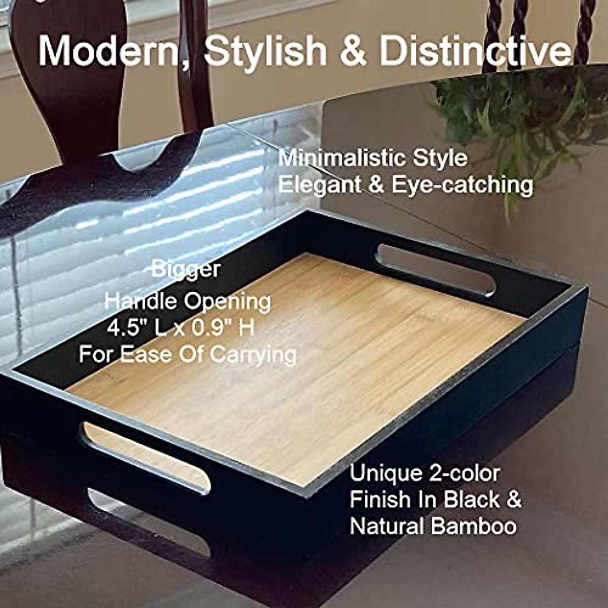 Bamboo Serving Tray with Handles (16" x 11" x 2") – Wood Serving Tray - Coffee Table Tray - Ottoman Tray - Decorative Display Tray In Black & Natural
