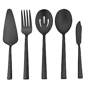 Herogo 53-Piece Matte Black Flatware Set with Steak Knives & Serving Utensils, Stainless Steel Square Silverware Cutlery Set for 8, Unique Tableware Eating Utensils Set, Satin Finish, Dishwasher Safe