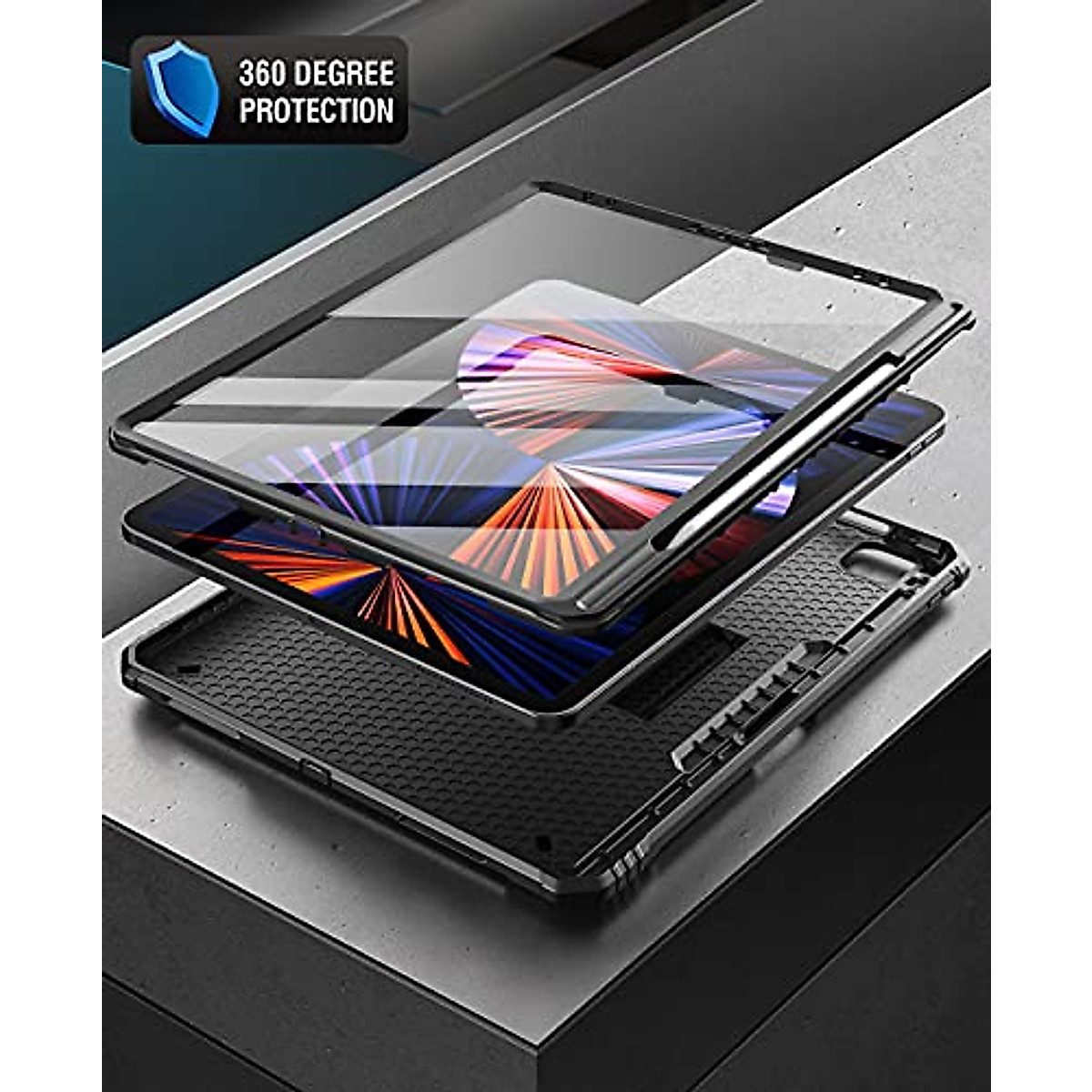 Poetic Revolution Case Designed for iPad Pro 12.9 6th Gen 2022 / 5th Gen 2021/4th Gen 2020/3rd Gen 2018, Full Body Rugged Shockproof Protective Case with Kickstand and Built-in-Screen Protector, Black