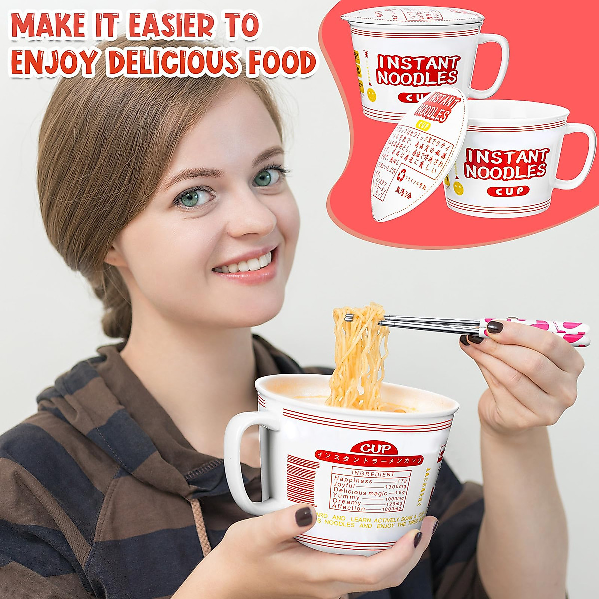 Norme 2 Sets Ramen Bowl Set with Chopsticks 34 oz Instant Ramen Noodle Bowls with Lid Cute Soup Mug Instant Noodles Cup Large Japanese Soup Bowls with Handle for Kitchen