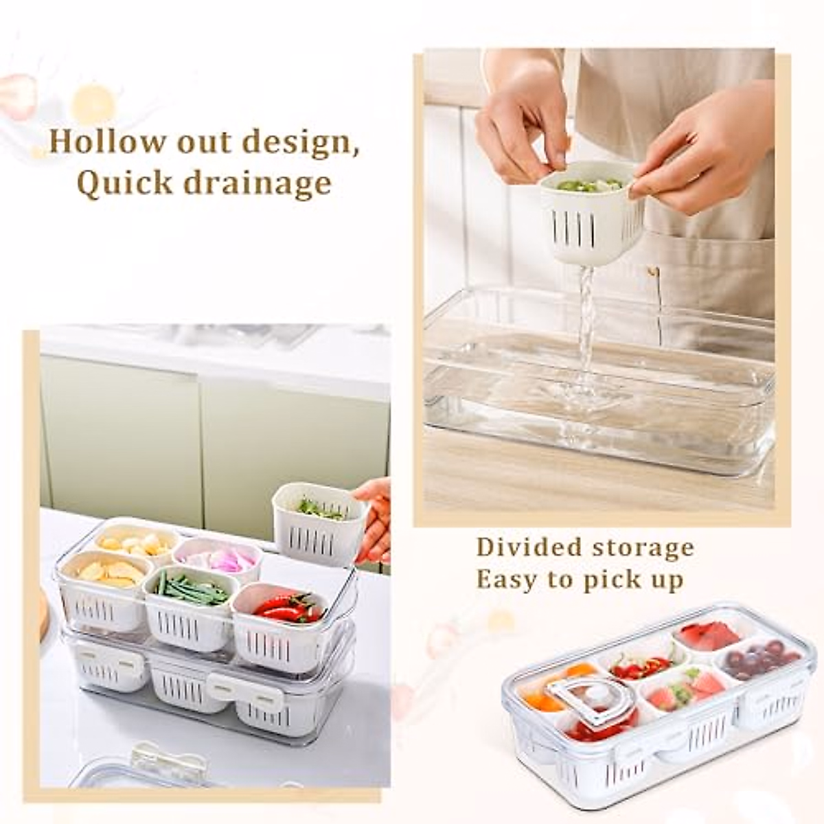 Dualshine Divided Serving Tray with Lid, Fruit Storage Containers for Fridge, Snack Box, Portable Food Storage Containers with 6 Compartments Keep Fruits, Snacks, Vegetables and Spices Fresh Longer