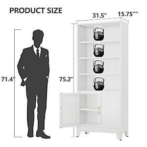 pozdeg 6 Tier Bookshelf and Bookcase, Metal Bookshelves with 4 Adjustable Shelves and 2 Doors, Floor Bookcase and Office Storage Cabinets for Office Study Livingroom Bedroom (White)