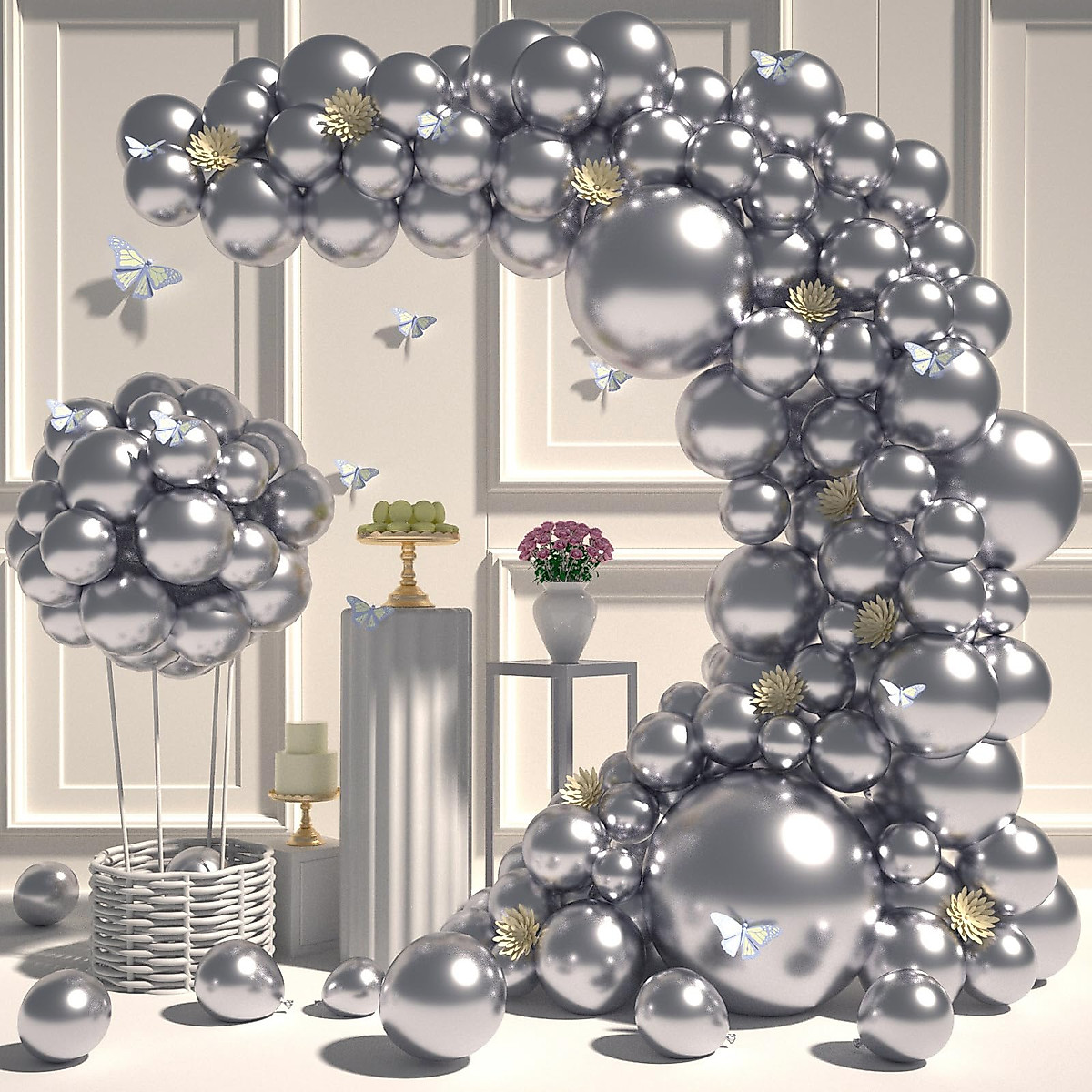 CUTEUP Metallic Silver Balloons Garland Arch Kit - 130 pcs 5/10/12/18 Inch Different Sizes Premium Party Latex Balloons Perfect for Birthday Party Baby Shower Wedding Anniversary Decorations, CP-17