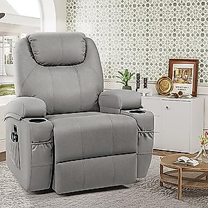JUMMICO Power Lift Recliner Chair with Heat and Massage for Elderly Faux Leather Modern Reclining Sofa Chair with Cup Holders, Remote Control, Adjustable Furniture (Light Gray)