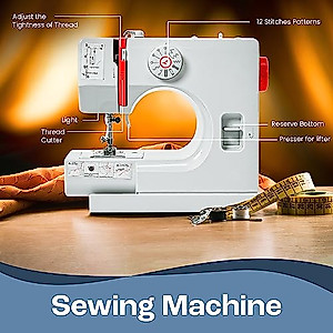 WALLECOM Portable Sewing Machine for Beginners and Kids with 12 Stitch Applications, Dual Speed, and Reverse Stitch- Small Sewing Machine with Foot Pedal, Easy to Use Electric Mini Sewing Machine