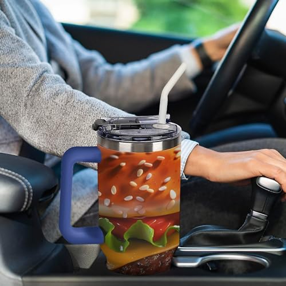 Cheeseburger Fast Food Pattern 40 Oz Tumbler Insulated Stainless Steel Water Bottle Travel Mug Car Cup with Handle And Straw