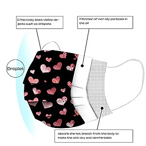 50PC Valentines Disposable Face_Mask for Adult, 3 Ply Breathable Sweet Heart Facemask for Women Men, Holiday Mask with Lip Kiss Design, Pink Black Valentines Facemask for Lovers Holiday Wedding Party
