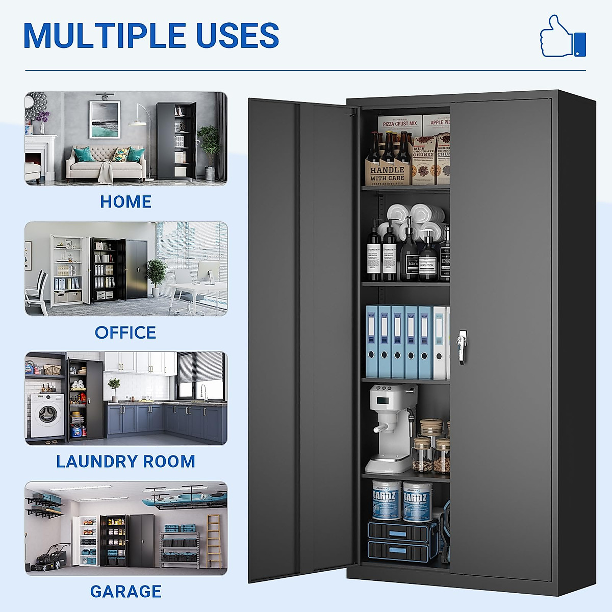 FLEXIMOUNTS Metal Storage Cabinet, 5-Tier Locking Cabinet with 4 Adjustable Shelves and 2 Doors, 71" H, Large-Capacity Cabinet for Garage, Home, Office, Laundry Storage, Black