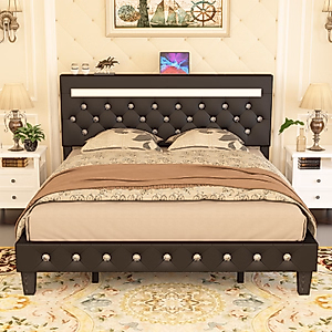 Kallabe Bed Frame Queen Size with Headboard, LED Leather Bed Frame Queen, Upholstered Platform Bed with USB Ports & Socket, APP Control, No Box Spring Needed, Black, TMY-US1015815-5