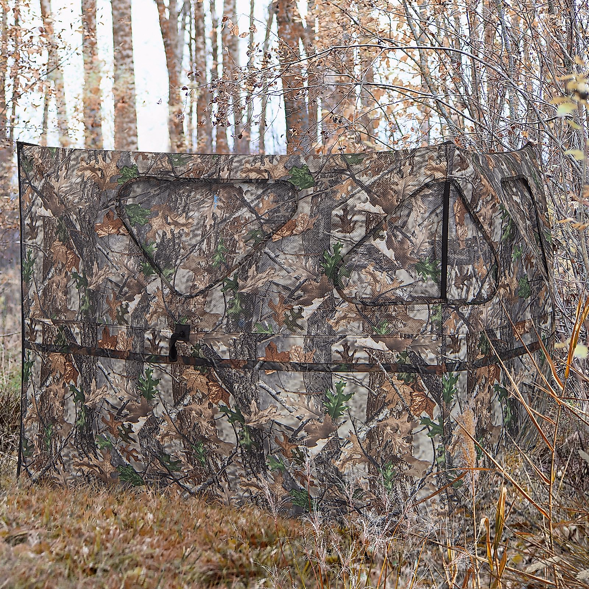 Tangkula 2-Panel Stakeout Hunting Blind, See Through Ground Blind with 3 Shoot Through Ports & 2 Storage Pockets, Portable Pop Up Deer Blind with Carrying Bag for Turkey & Deer Hunting (2-Panel)