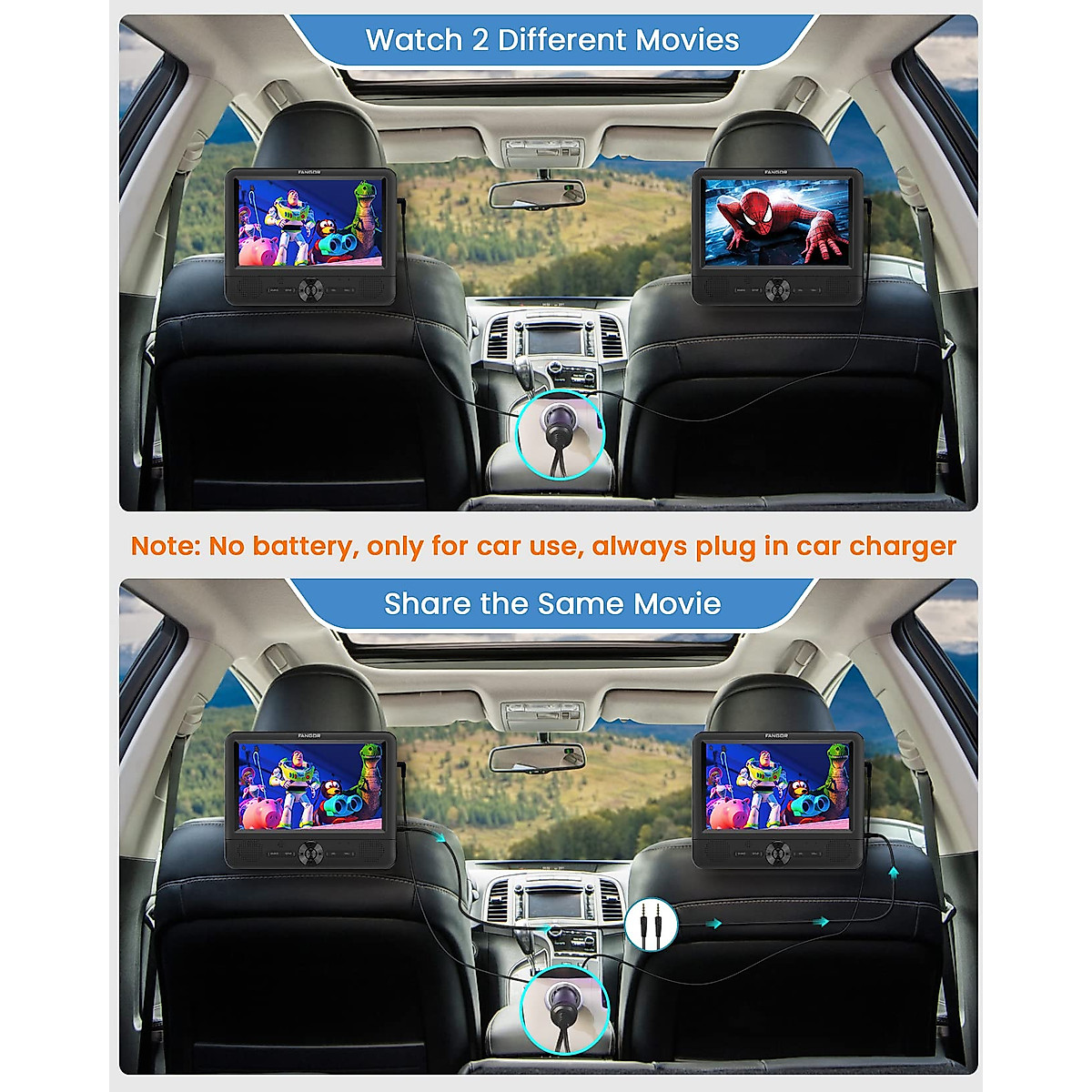 FANGOR 7.5" Dual Portable DVD Player for Car, Car DVD Player Dual Screen Play a Same or Two Different Movies with Headrest Strap, Regions Free, Support Last Memory, AV Out & in, USB/SD Card
