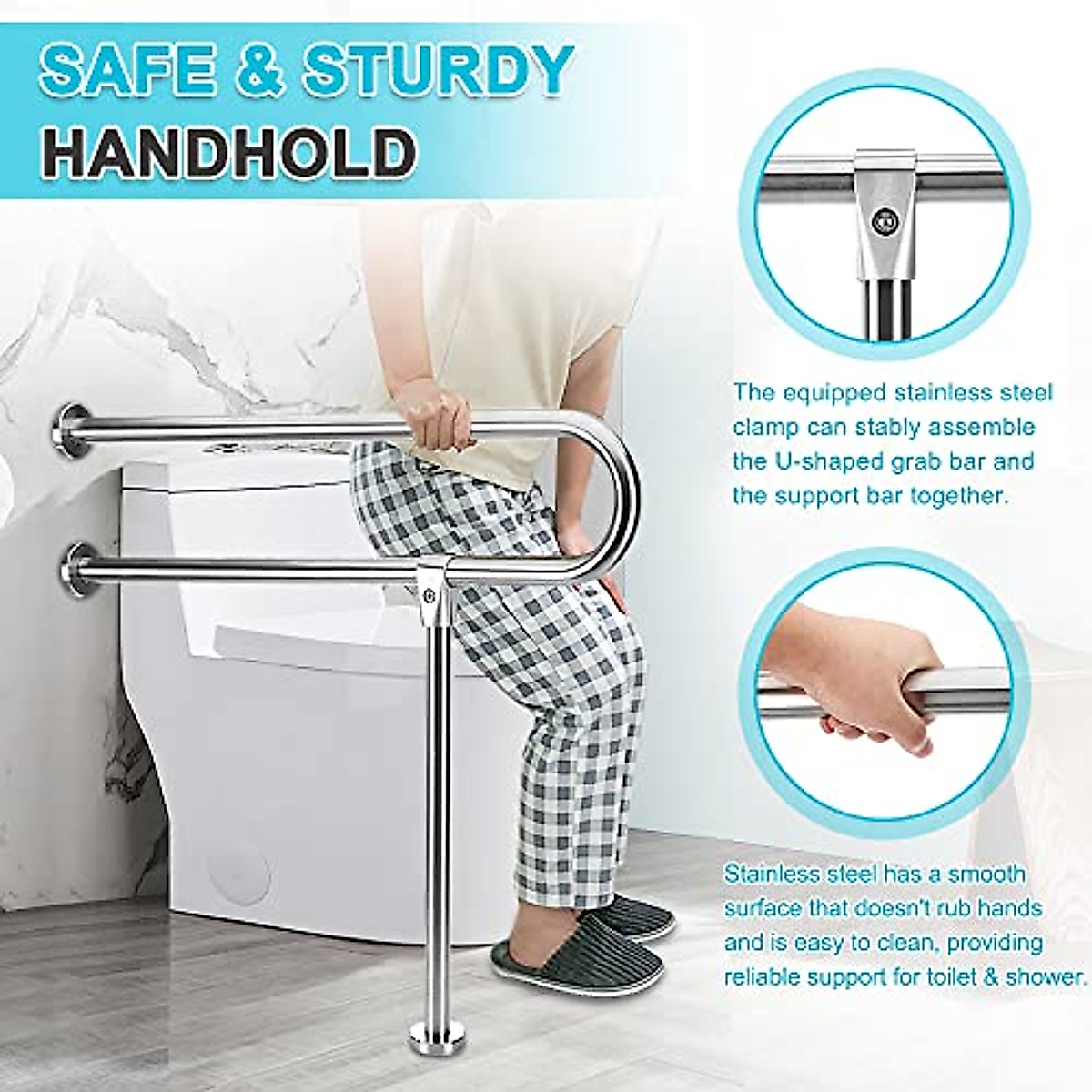 Handicap Grab Bars Rails 30-Inch Toilet Handrails Bathroom Safety Bar Hand Support Rail Handicapped Handrail Accessories for Seniors Elderly Disabled Bariatric Railing Wall to Floor Mounted Bath Grips