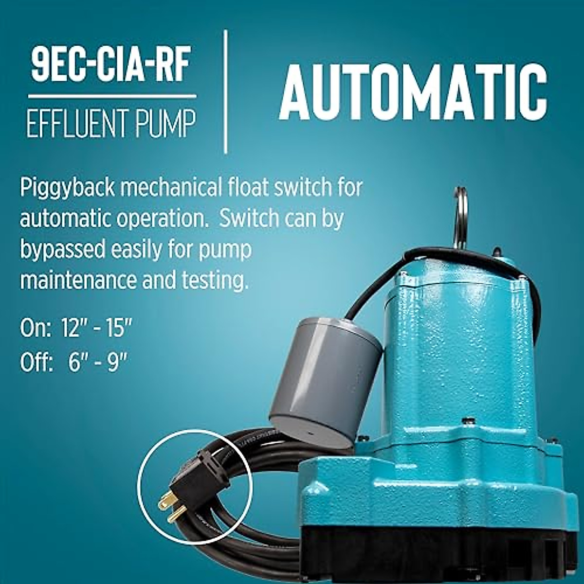 Little Giant 9EC-CIA-RF 115 Volt, 4/10 HP, 4200 GPH Automatic Cast Iron Sump/Effluent Pump with Piggyback Float Switch and 20-Ft. Cord, Blue, 509801