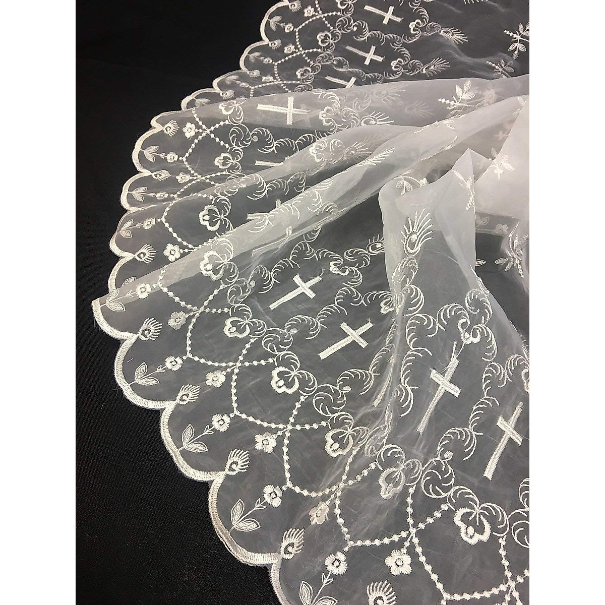 Holy Chalice Cross Embroidered Organza Fabric Double Border, 52" Wide, White, Multi-Use Garment Bridal Communion Christening Baptism Cape Gowns (White, 2)