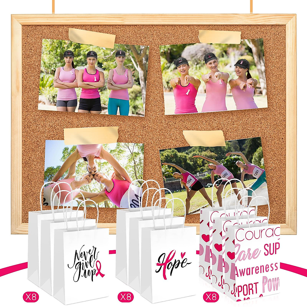 24 Pack Breast Cancer Awareness Bags Pink Ribbon Paper Bag Breast Cancer Gift Bag with Handle Faith Courage Hope Treat Bags for Breast Cancer Awareness Charity Theme Party Favor Supplies