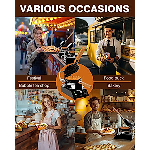 PYY Bubble Waffle Maker - Commercial Egg Puff Waffle Iron Machine, 1500W 122-482℉ Electric Stainless Steel Hong Kong, 30 Egg Cones | 180° Rotating| Black Non-stick Coating | Crumb Tray | Wooden Handle