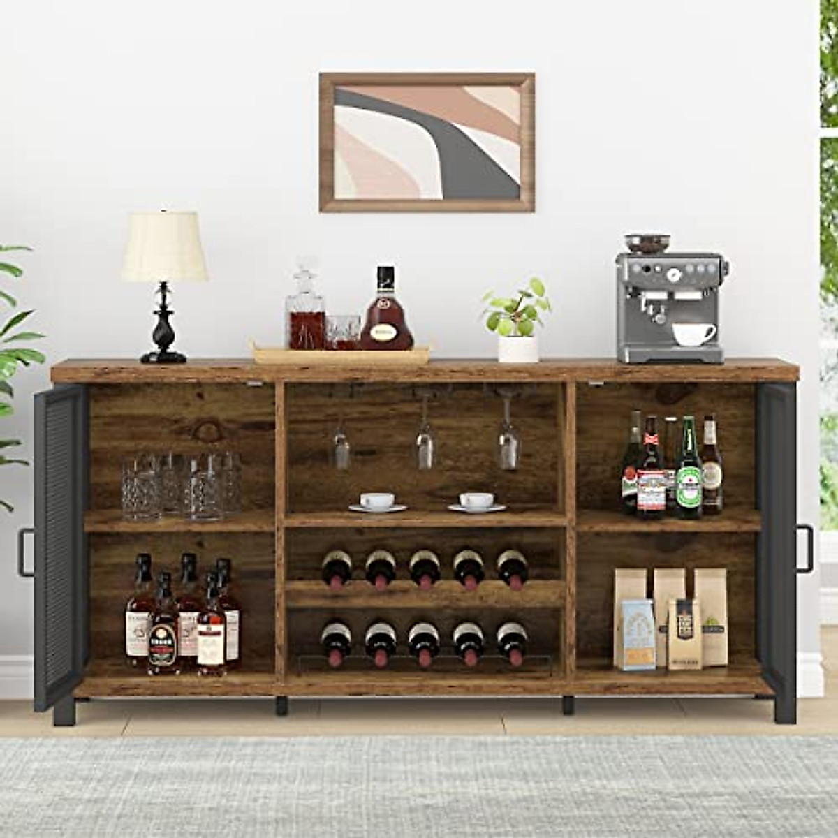 Launica Industrial Coffee Bar Cabinet, Wine Bar Cabinet for Liquor and Glasses, Liquor Cabinet with wine Rack Storage, Wood Metal Sideboard Buffet Cabinet for Home Kitchen Dining, Rustic Brown 55 Inch