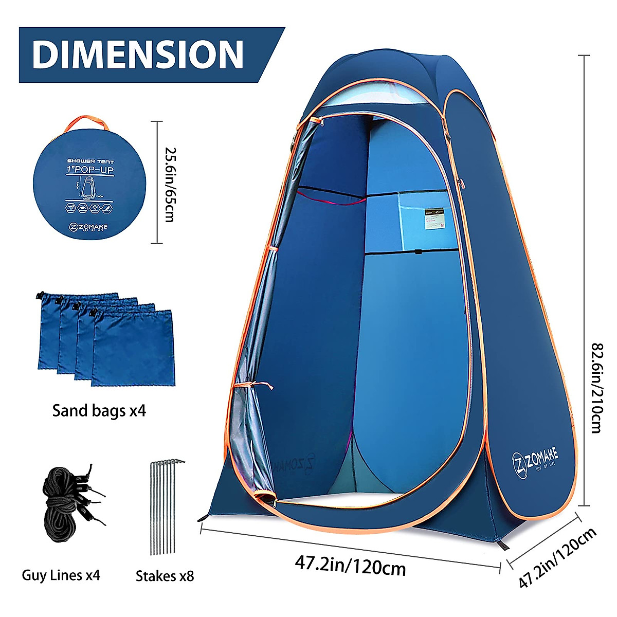 Pop Up Shower Tent,Portable Privacy Changing Tent,Instant Camping Dressing Bathroom Potty Tent for Camping Hiking Toilet Beach Picnic Fishing with Carrying Bag,6.9 FT Tall,by Zomake(RoyalBlue)