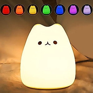 LED Cat Night Light, Battery Powered Night Light for Kids, Silicone Multicolor Cute Cat Lamp with Warm White and 7-Color Breathing Mode, Gifts for Kids, Baby, Children (Celebrity Cat)