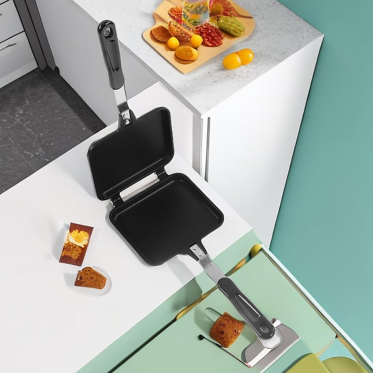 YOUTHINK Double Sided Frying Pan, Non Stick Breakfast Frying Pan Sandwich Bread Maker Breakfast Pot Aluminum Alloy Flip Tray Barbecue Plate for Indoor Outdoor Cooked Chicken Fish