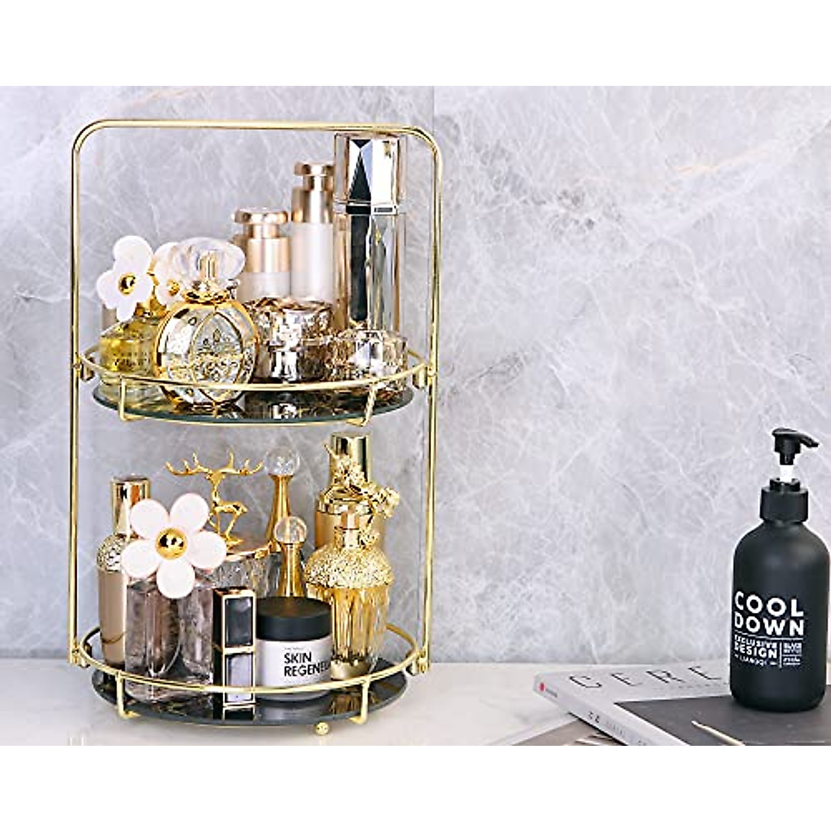 Z PLINRISE Makeup Organizer, 2 Tier Bathroom Cosmetic Storage Shelf for Dresser and Countertop, Decorative Round Vanity Organizer Basket with Marbling Glass Tray, Gold