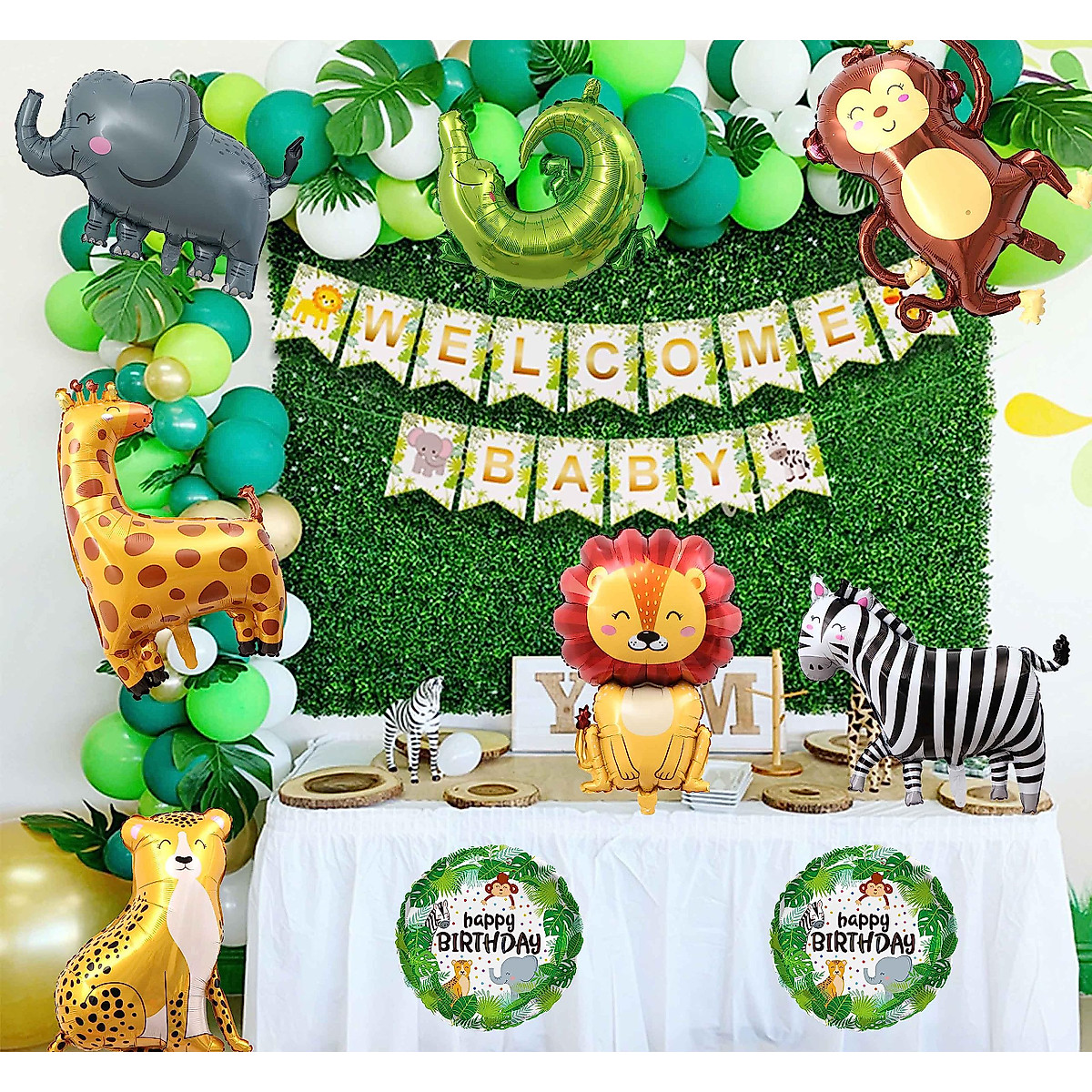 TUWUNA 9Pcs Safari Jungle Animal Balloons,Wild One Birthday Decorations Baby Shower Jungle Safari Party Supplies,Kids Elephant Monkey Lion Giraffe Leopard Zebra Crocodile Balloon