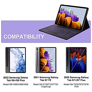 Samsung Galaxy Tab S8 Plus/S7 Plus /S7 FE Keyboard Case 12.4 inch, 7 Colors Backlit and Detachable Wireless Keyboard & Slim Stand with S Pen Holder for Tab S7 FE 2021/S7 Plus 2020/S8+ 2022, Gray