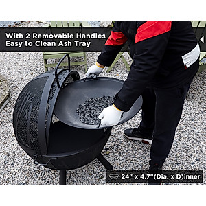 PaPaJet 35 inch Flaming Ball Fire Pit for Outside, Bonfire Wood Burning Fire Pit with Spark Screen, Tree Pattern for Patio Backyard Garden