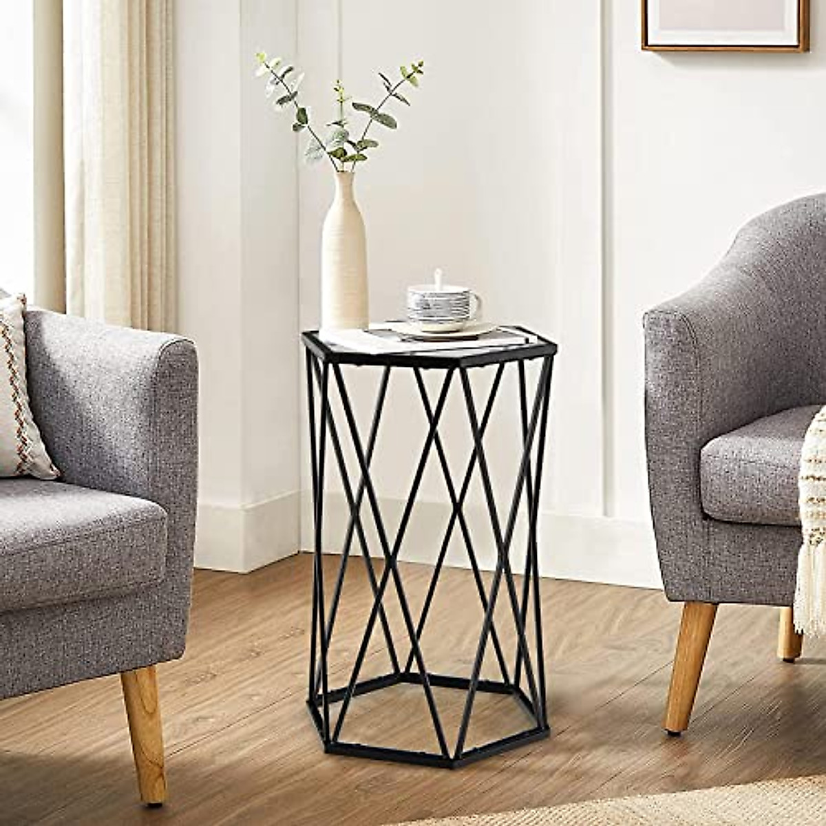 Giantex Glass End Table, Hexagon Side Table w/Metal Frame, Small Coffee Accent Table for Small Space for Living Room Balcony, Modern Style Bedside Table Nightstand