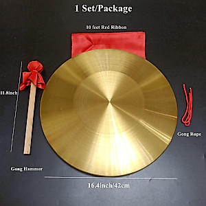 RUIMIMI Gong Instrument with 16.4 inch(42cm),Chinese Traditional Percussion Instrument Brass Gong with Wooden Mallet and Red Hanging Ribbon for Home Office Celebration