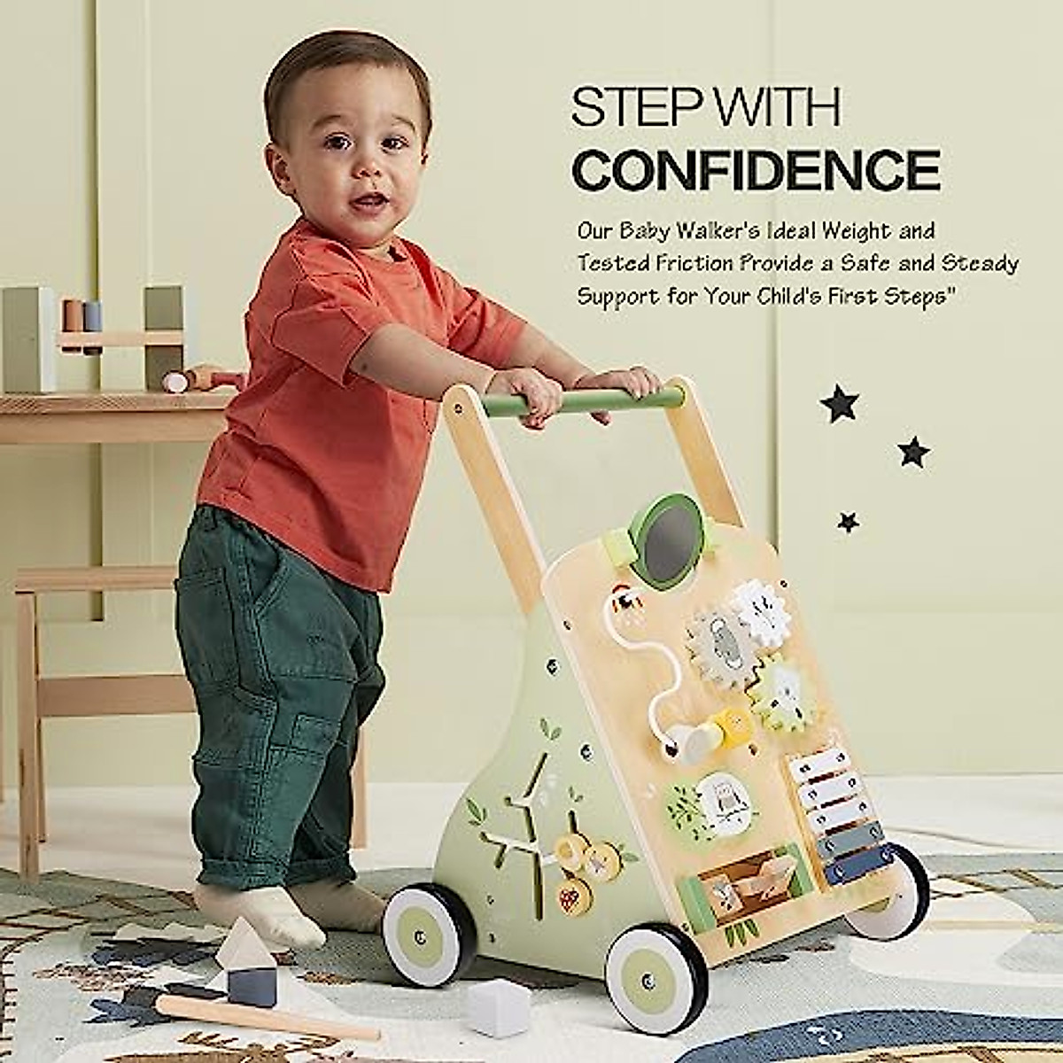 Wooden Baby Push Walker and Toddler Pull Learning Activity Toy - Develop Motor Skills & Creativity - Multiple Activities Center for 1-3 Years Old Boys and Girls