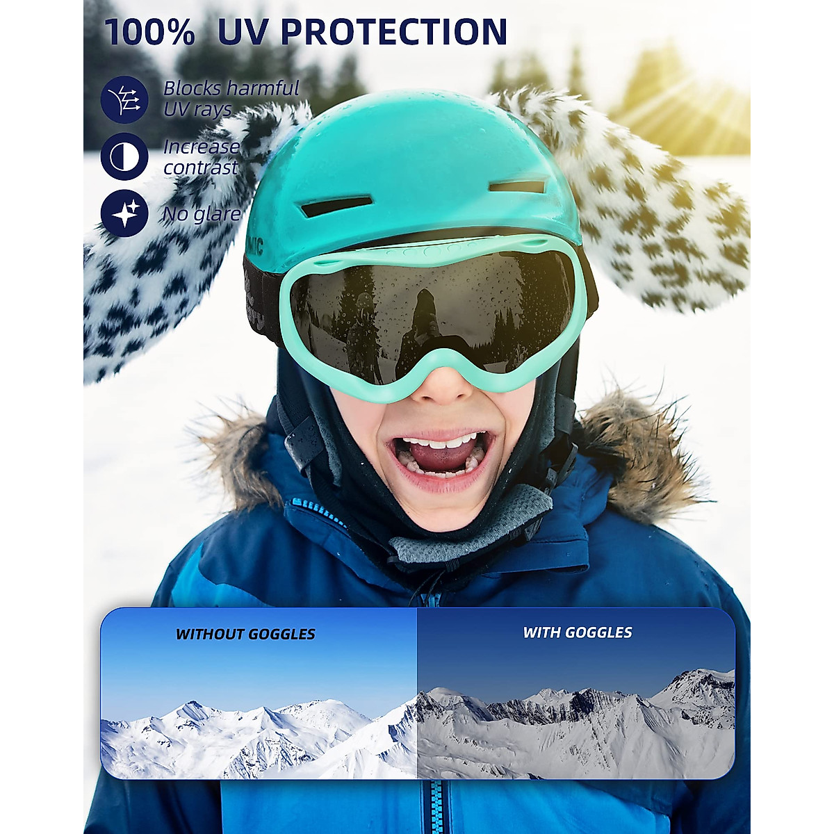 Keary Youth Women Ski Goggles Snowboard Goggles, Anti Fog Skiing Snow Goggles for Boy Girls Kids, UV Protection Snowboarding Goggles Over Glasses Helmet Compatible, Winter Sport Snowmobile Goggles OTG