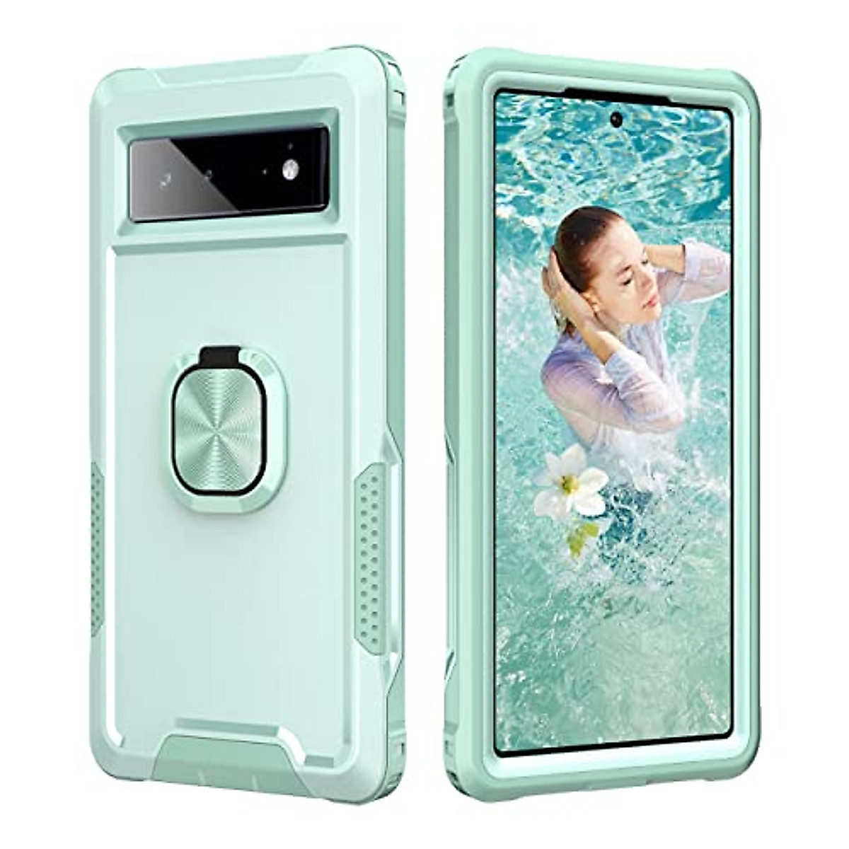 Petocase for Google Pixel 6 Case Heavy Duty Full Body Shockproof Kickstand with 360°Ring Holder Support Car Mount Hybrid Bumper Silicone Hard Back Cover for Google Pixel 6 2021 6.4" Mint