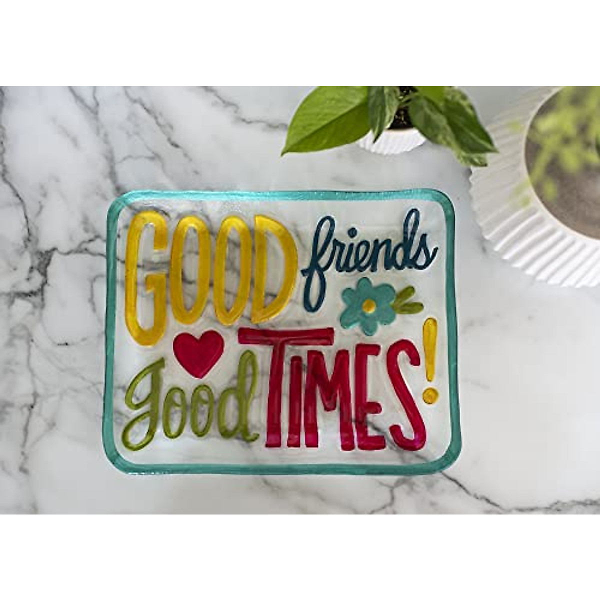 DEMDACO Good Friends Good Times Vibrant Multicolored 14 x 11 Glass Rectangular Platter
