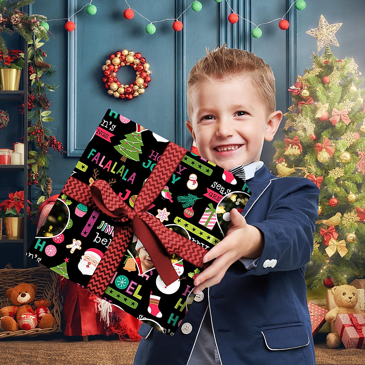 Jaydouble Custom Christmas Wrapping Paper Rolls for Adult Kids Customized Gift Wrap Paper for Boys Girls Personalized Photo Wrapping Paper for Son Daughter Black Wrapping Paper 58"x 23"