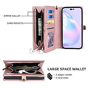 W WINTMING Compatible with iPhone 14 Pro Wallet Case with Card Holder,Leather Zipper Wallet Magnetic Buckle Case, RFID Blocking, with Wrist Strap Classic Leather Folio Phone Case (iPhone 14 Pro,Pink)
