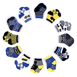 DC Comics Baby Boys/Girls 12 Pack Socks: Batman, Wonder Woman, Superman, Justice League, Super Girl, Size Age 6-12M, Blue/Yellow/Black Batman