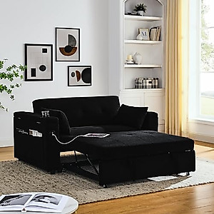 3 in 1 Convertible Sleeper Sofa Chair Bed, 54" Modern Chenille Futon Loveseat Pull Out Couch Bed with Cupholders and Hidden Storage Box , 2 Seater Love Seat Chaise Lounge Daybed for Living Room Office
