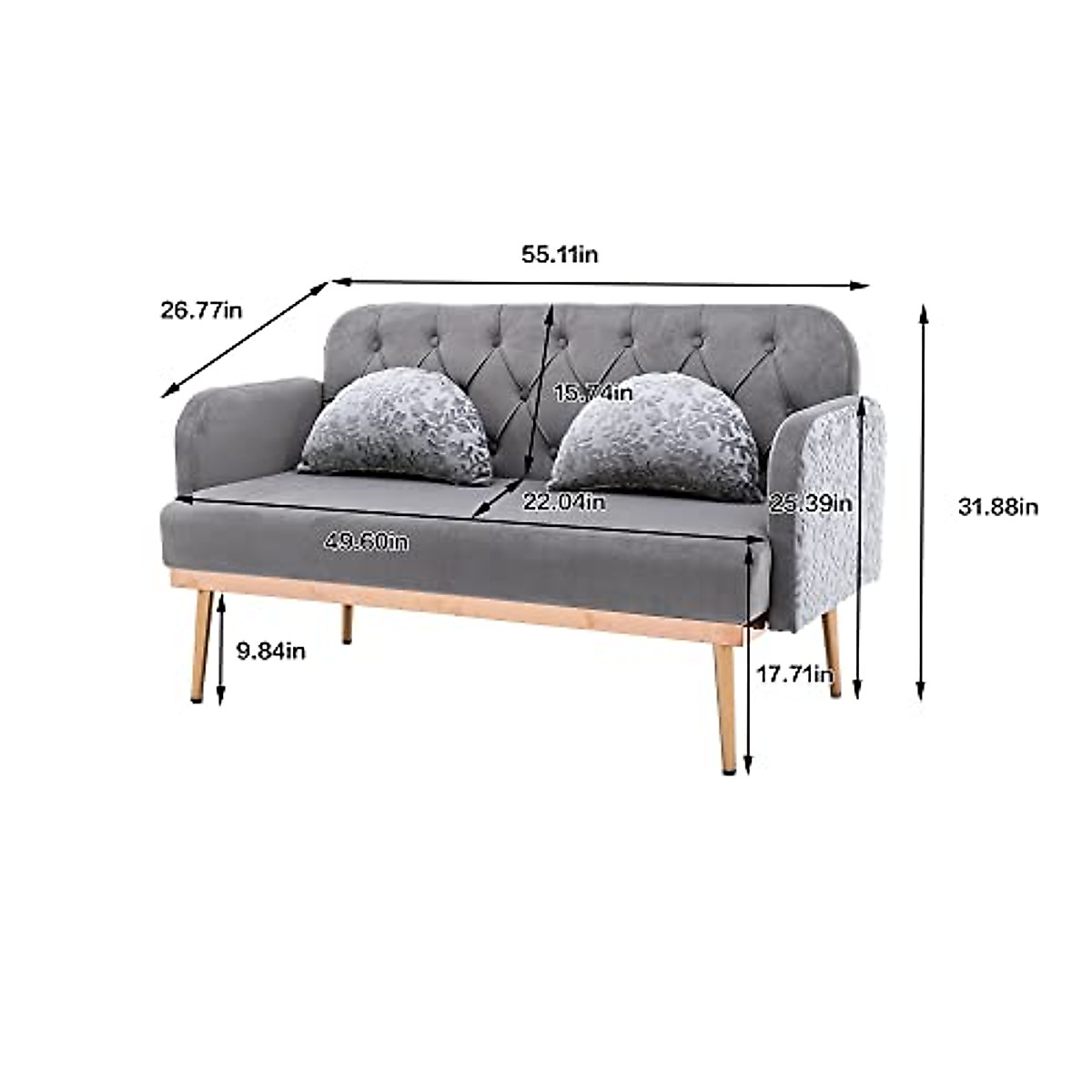 NALLBEIRRAA 56" Accent Sofa, Mid Century Modern Velvet Fabric Couch with 2 Pillow, Velvet Sofa, Loveseat Sofa, Recliner Couch with Gold Metal Feet for Living Room, Bedroom (Grey)