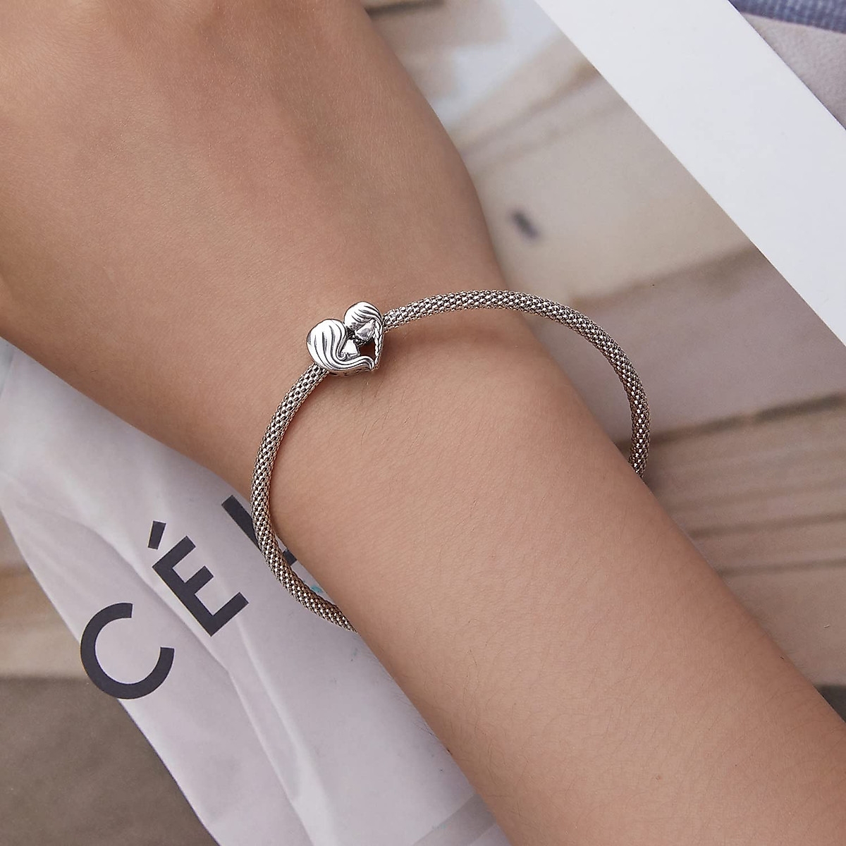 VOROCO 925 Sterling Silver Love Heart Charm for Charm Bracelet, Christmas Mother's Day Birthday Perfect Jewelry Gifts for Mom Grandma Daughter Friend Sister (Mother & Daughter Heart)