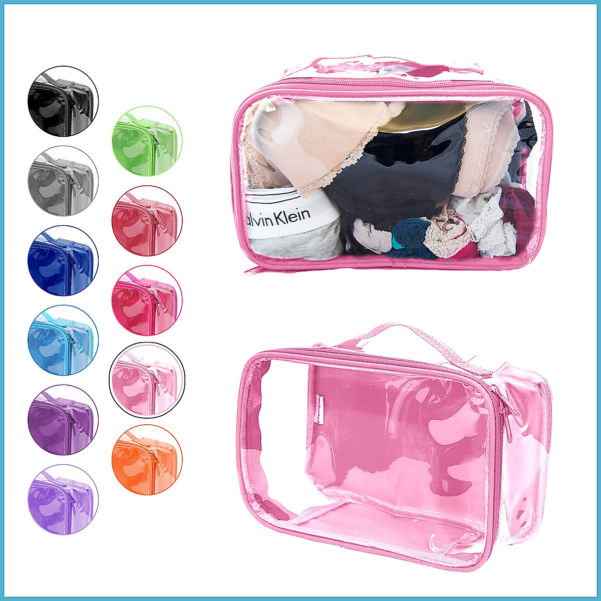 Small Clear Travel Packing Cube/See Through PVC Plastic Pouch for Carry On Suitcase, Backpack or Diaper Bag/Transparent Multipurpose Accessories, Makeup & Underwear Organizer w/Handle (Rose)