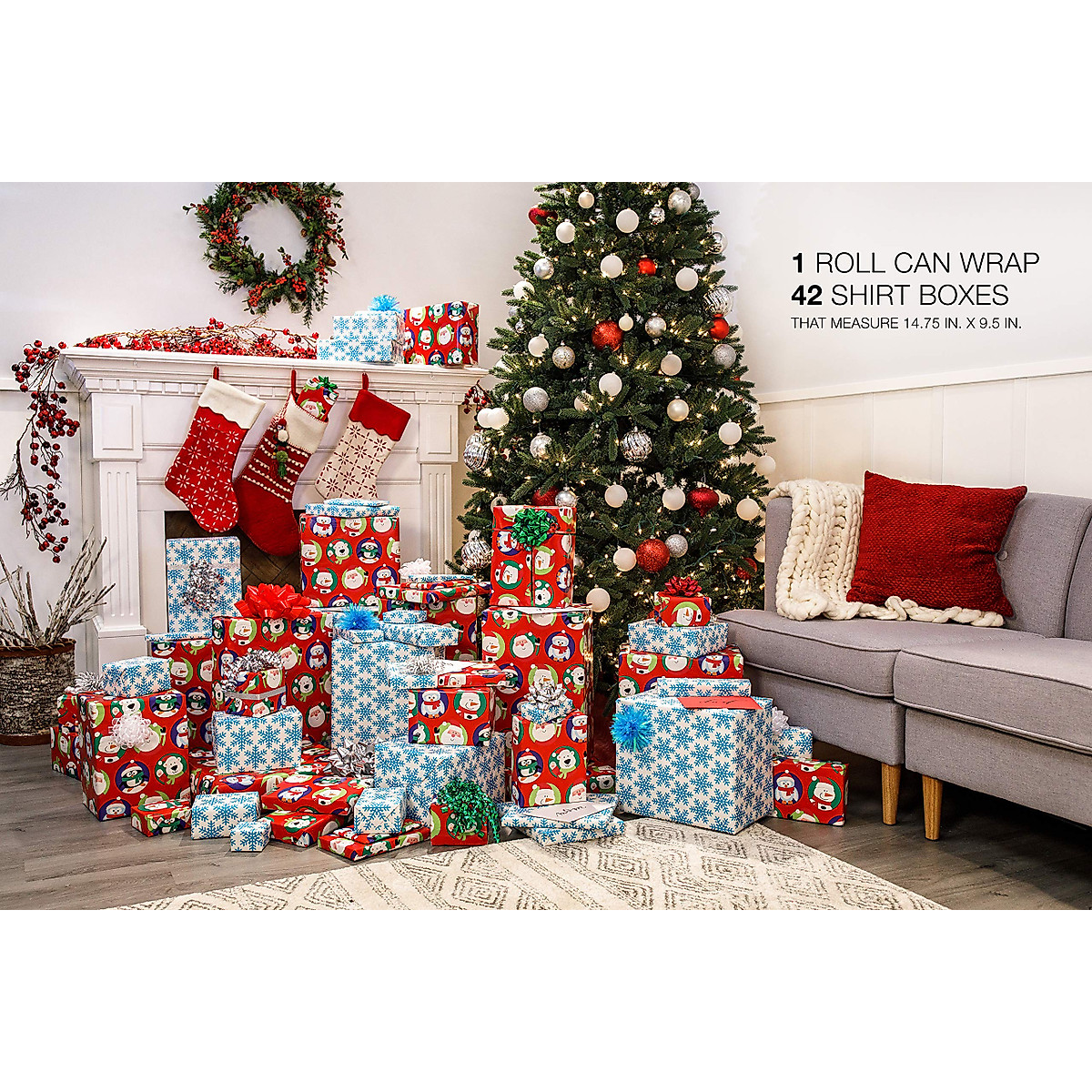 American Greetings 175 sq. ft. Reversible Kids Christmas Wrapping Paper, Santa and Snowflakes (1 Jumbo Roll 30 in. x 70 ft.)