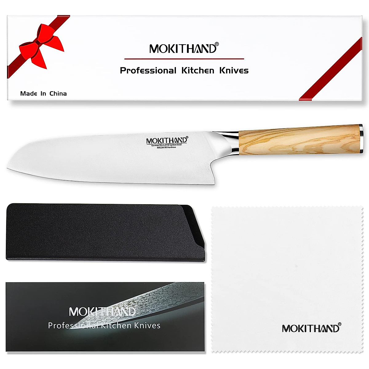 MOKITHAND Santoku Knife 7 Inch Kitchen knife, Super Sharp Japanese Chef Knife with Sheath, German 1.4116 Steel Asian Cooking Knife for Meat Vegetable Fruits, Olive Wood Handle and Gift Box