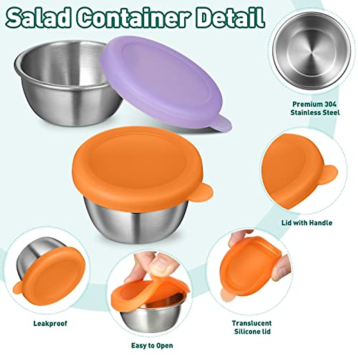 Mimorou 12 Pieces Salad Dressing Container To Go Stainless Steel Condiment Containers with Lid Reusable Sauce Silicone Leakproof Dipping Cups for Lunch Box Picnic Travel, Blue,Orange,Pink,Purple
