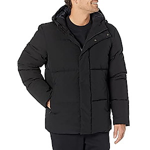Amazon Essentials Men's Recycled Polyester Mid-Length Hooded Puffer (Available in Big & Tall), Black, Large