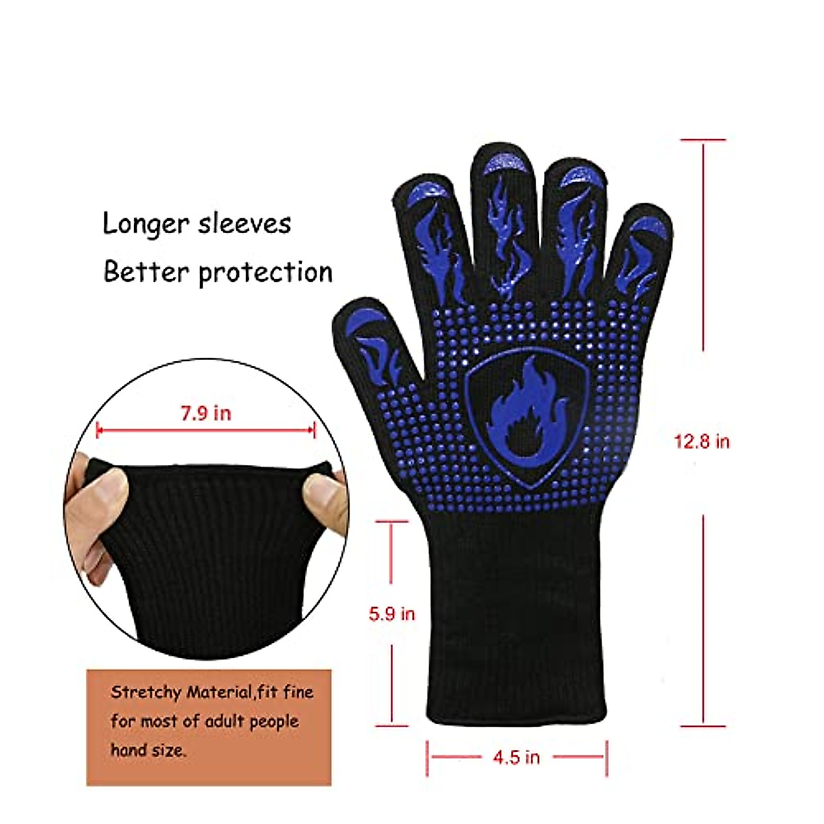 BBQ Gloves, 1472 Degrees Fahrenheit Heat-Resistant Barbecue Gloves Silicone Non-Slip Oven Gloves Long Kitchen Gloves for Grilling, Cooking, Baking, Frying, Winter Warmth (Flame Blue)