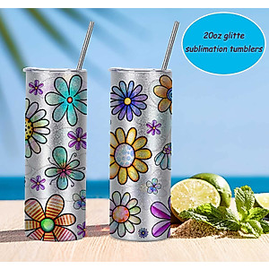 Wzaytia Glitter Sublimation Tumblers 20 Oz Skinny Straight, 8 Pack Sublimation Glitter Skinny Tumbler Blanks, Insulated Stainless Steel Tumbler, Silver