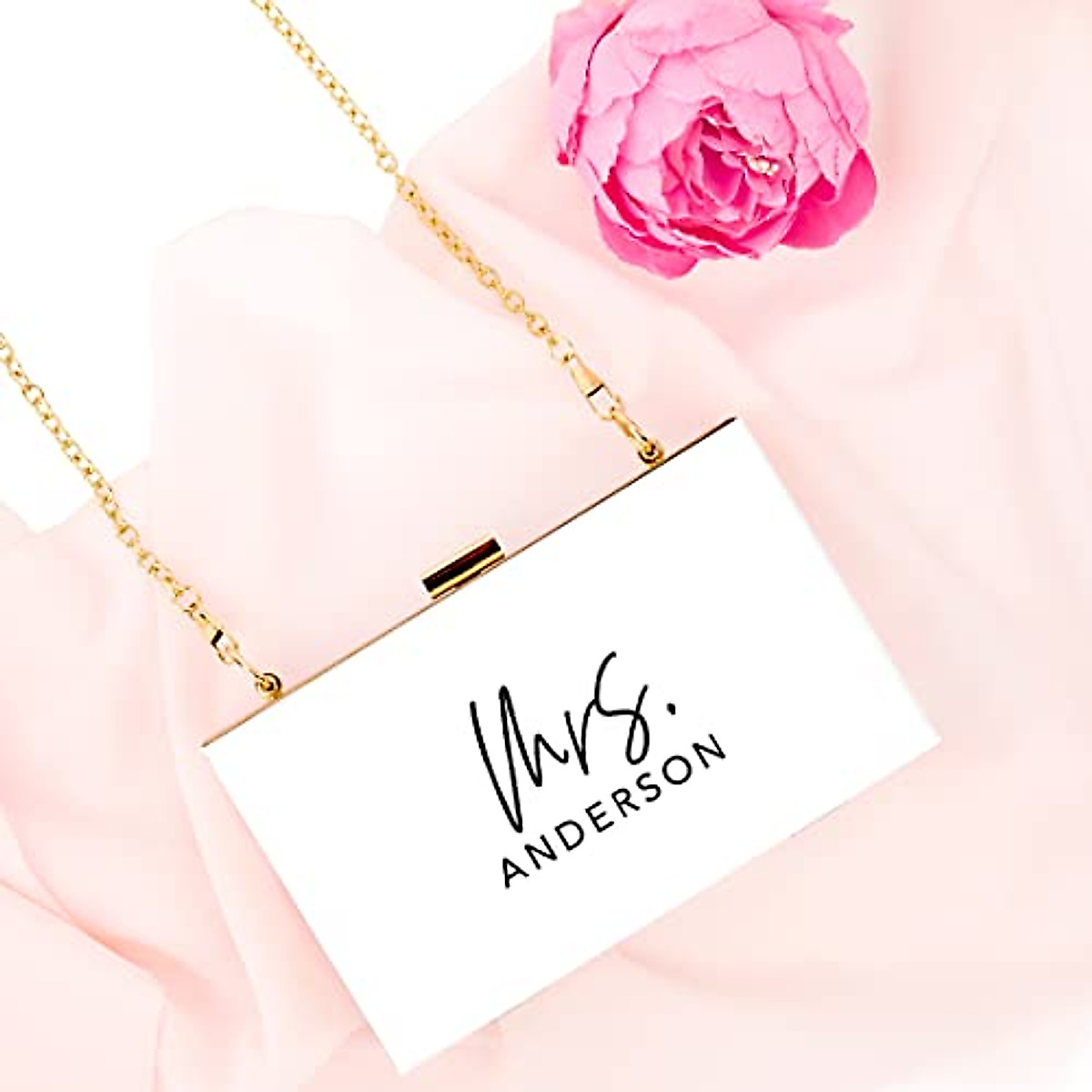 Andaz Press Personalized Acrylic Clutch Purse for Bride Custom Mrs. White Clutch Box Shoulder Handbag with Gold Removable Metal Chain for Wedding Day Bachelorette Bridal Shower Engagement Gift, 1-Pack